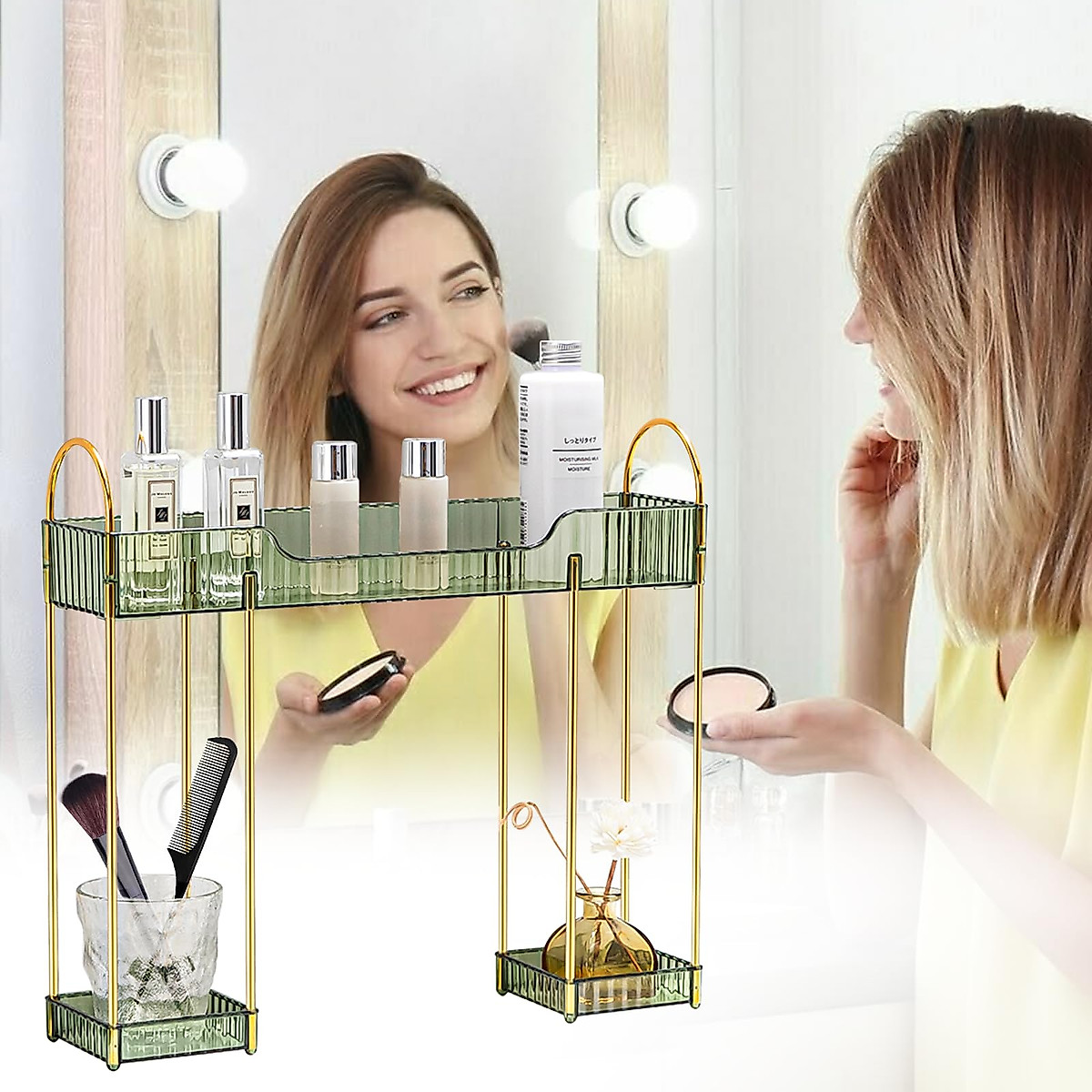 GHWMYD Bathroom Counter Organizer Cosmetics Skincare Shelf Organizer Bathroom Organizer Countertop Makeup Organizer Bathroom Shelf Organizer on The Faucet for Bathroom Kitchen Dresser （Green）