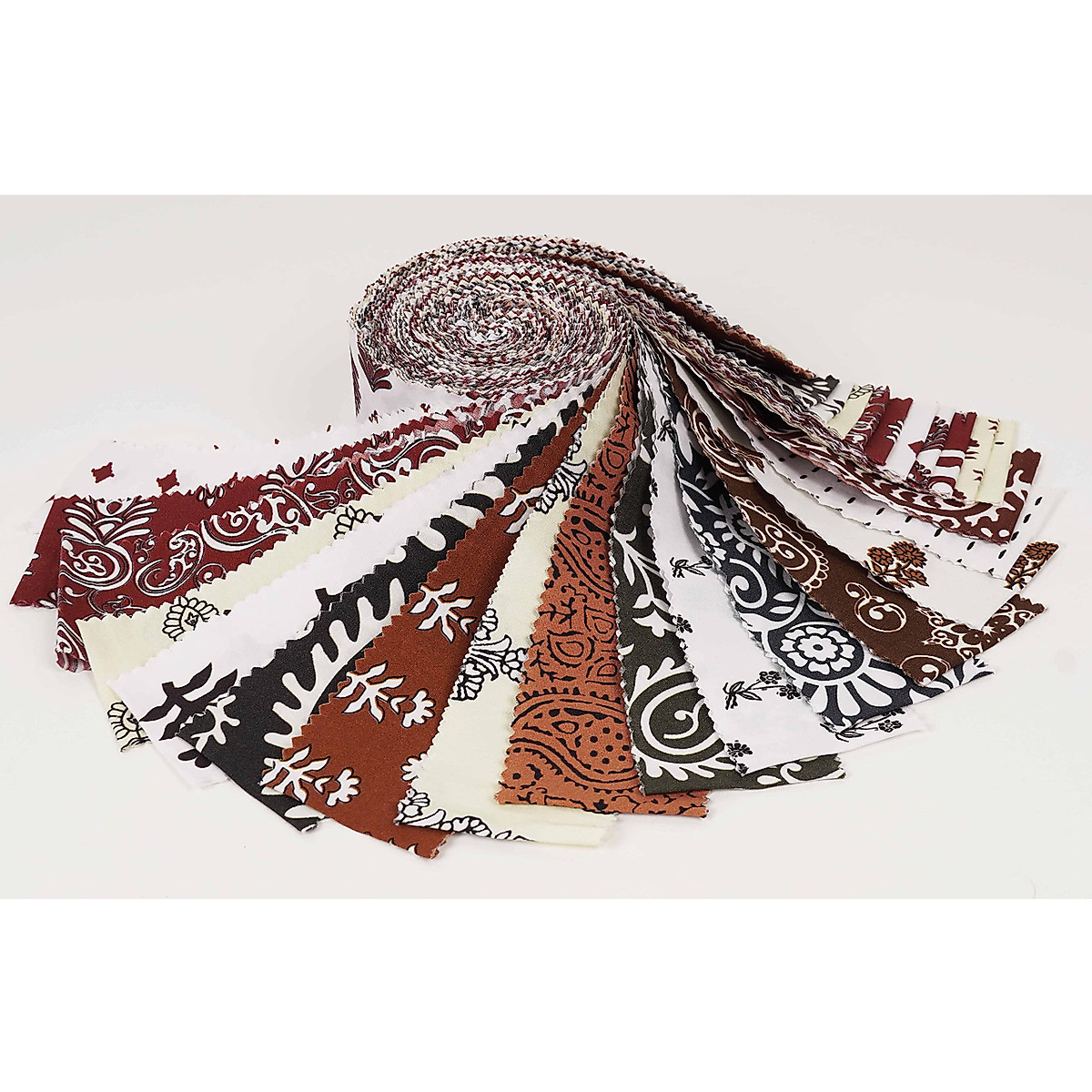 Soimoi 40Pcs Asian Block Print Cotton Precut Fabrics for Quilting Craft Strips 2.5x42inches Jelly Roll - Maroon, White, Pale Yellow, Brown