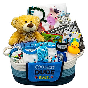 Bundle of Joy Deluxe Baby Boy Gift Set, Baby Layette Set with 25-Piece New Baby Essentials, Baby Gift Basket for Expecting Moms, Blue - Nikki’s Gift Baskets