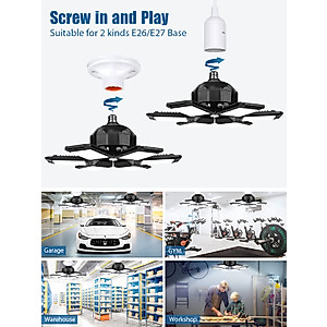 Led Garage Lights 2 Packs, 180W 18000Lm Deformable Triple Glow Garage Lighting with 6 Adjustable Led Panels, E26 Ceiling Light, Led Shop Lights for Garage, Warehouse, Basement Workshop, Yard