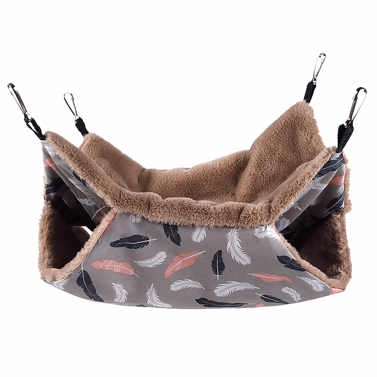 Petmolico Small Pet Hanging BunkBed Warm Hammock Bed Cage Accessories Bedding Hideout Playing Sleeping for Parrot Sugar Glider Ferret Squirrel Hamster Rat, Brown Feather - Medium Size