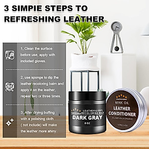 Leather Recoloring Balm with Mink Oil Leather Conditioner, Leather Repair Kit for Couches, Dark Gray Leather Dye for Furniture, Car Seat, Sofa, Shoes, Vinyl