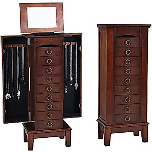 Giantex Jewelry Cabinet with Top Compartment, 9 Drawers & 2 Side Doors, Wooden Jewelry Armoire Storage Chest Stand with Flip Top Mirror, Necklace Hooks, Bedroom Armoire with Large Storage, Walnut
