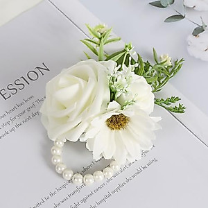 Jieowvhc Ivory White Rose Wrist Corsage for Wedding, Set of 6 Prom Flower Corsage Wristlet Wristband for Women Girls Bride Bridesmaid Artificial Rose Hand Flowers for Homecoming Ceremony Anniversary P