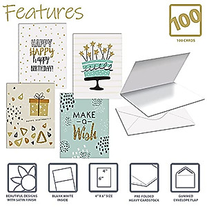 Happy Birthday Cards, 100-Pack, 4 x 6 inch, 4 Cover Designs, Blank Inside, by Better Office Products, with Envelopes, Elegant Gold Collection, 100 Pack