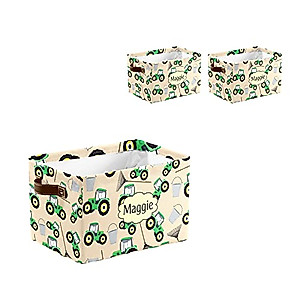 Personalized Tractor Truck Pattern Farm Equipment Storage Basket Bin with Name Large Storage Cube Box with Handles for Home Office Bedroom Closet Shelves(2 Pack)