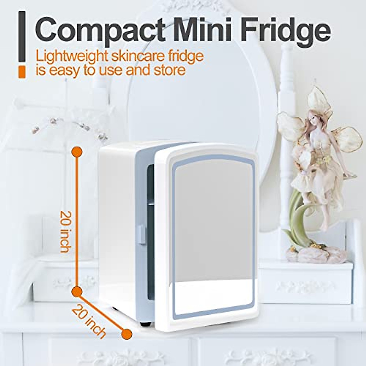 COYCYQI Mini Fridge for Skin Care, 4 Liter Portable Small Fridge with Mirror, Hot or Cold Personal Beauty Refrigerator for Bedroom, Office, Car, Makeup (White)