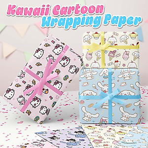 Kawaii Cartoon Anime Wrapping Paper, 12 Sheets Cute Kitty Cinnamon Character Folded Flat Wrap Paper Gift Packaging Handmade DIY Crafts Party Favors Supplies for Christmas Holiday Birthday Baby Shower