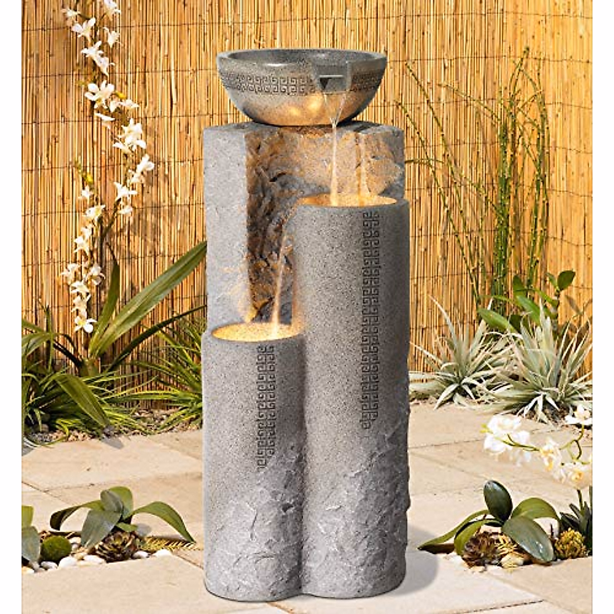 Bowl and Pillar Zen Modern Outdoor Floor Water Fountain 34 1/2" High with LED Light Cascading for Garden Patio Backyard Deck Home Lawn Porch House Relaxation Exterior Balcony - John Timberland