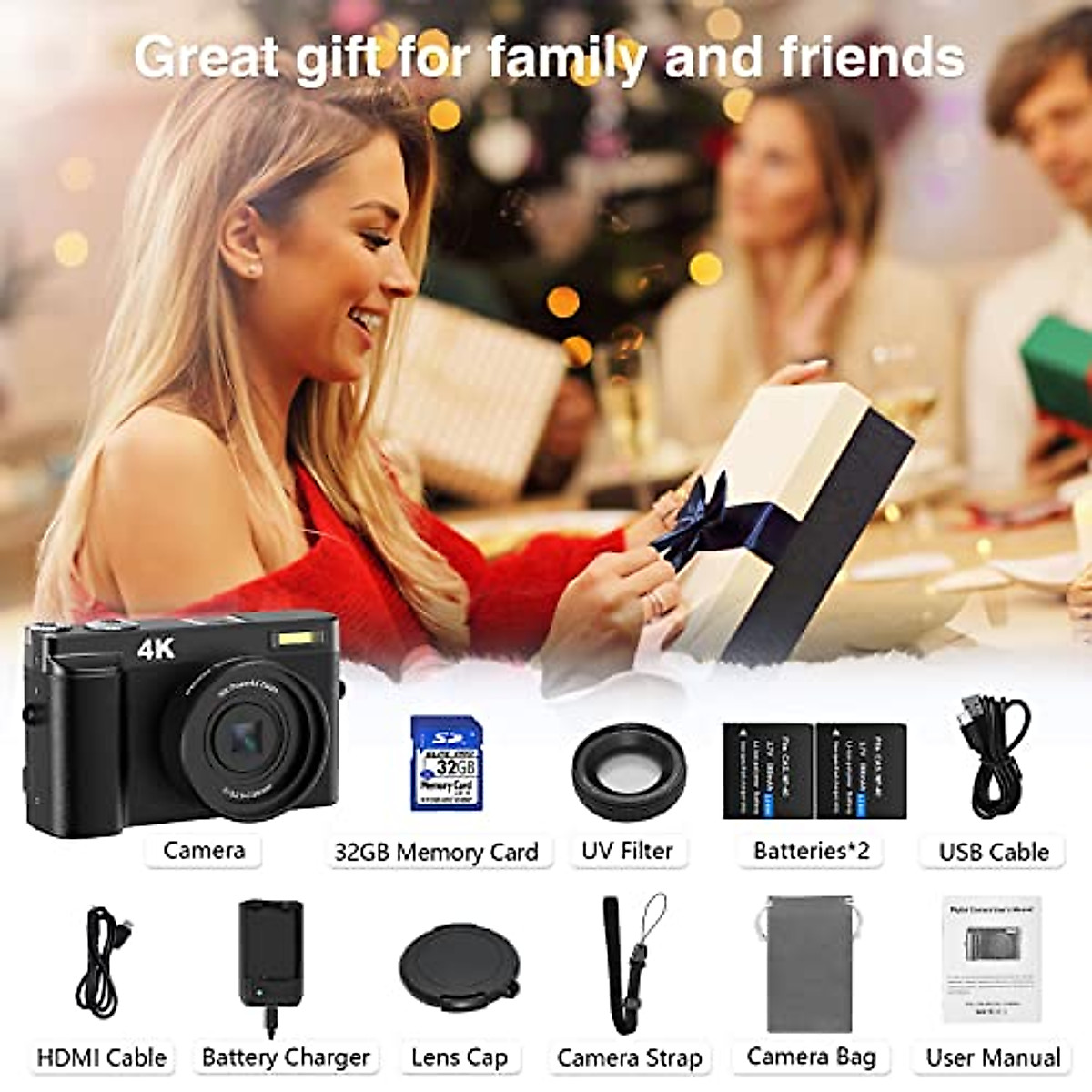Digital Camera 4K 60FPS Auto Focus 48MP Vlogging Video Camera 16X Digital Zoom Camera with 180°Flip Screen Compact Camera for YouTube 32GB Memory Card
