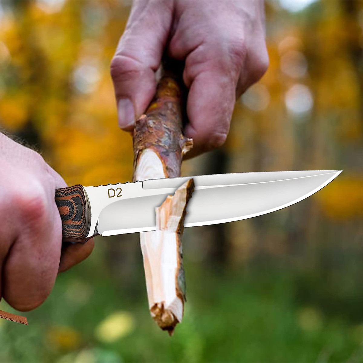 AUBEY Fixed Blade Hunting Knife, 4.52 inch D2 Steel Blade Survival Knife with Leather Sheath Wood Handle, Full Tang Camping Knife for Men Women