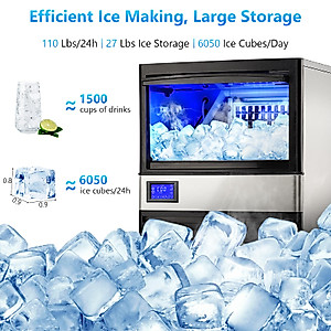 Pioneerworks Commercial Ice Maker Machine 110lbs/24H, Under Counter Ice Machine Self Cleaning with 27lbs Storage, LCD Panel and Blue Light, Stainless Steel Ice Maker for Restaurant/Home/Bars/Coffee