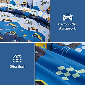 A Nice Night 5Pcs Bed in A Bag Cartoon Cartoon Car Kids Comforter Set Construction Bedding Set, Race Car Motorcycle Truck Pickup Printed, Twin,Dark Blue