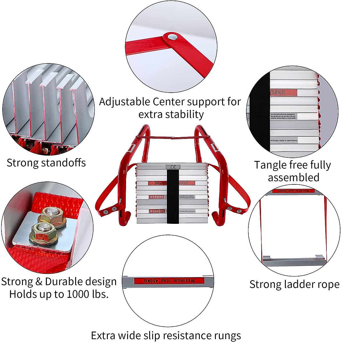 WINSENSE Retractable Fire Escape Ladder 2 Story Homes, 15 Foot with Wide Aluminum Steps for Adults Emergency Window Exit