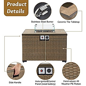 Kinsunny 32 inch Propane Fire Pit - Outdoor Patio Square PE Rattan Wicker Gas Fire Table(40,000 BTU),with Free Lava Rocks & Glass Wind Guard for Garden, Lawn