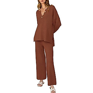 Jawmeu Sweater Sets Women 2 Piece Outfits Cozy Long Sleeve Knit Sweater Top Wide Leg Pants Lounge Sets(Caramel02-XL)