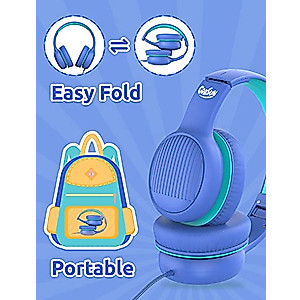 gorsun Premium A66 Kids Headphones with 85dB/94dB Volume Limited, in-line HD Mic, Audio Sharing, Foldable Toddler Headphones, Adjustable, Children Headphones Over-Ear for School Travel, Blue