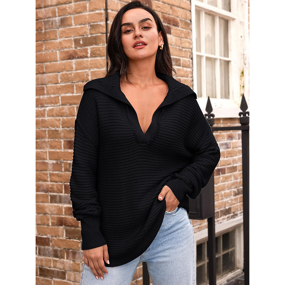 LILLUSORY Womens V Neck Oversized Sweaters Long Batwing Sleeve Asymmetrical Knit Pullover Fall Fashion 2025 Black M
