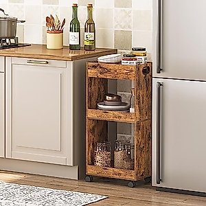 MAHANCRIS 3-Tier Rolling Serving Bar Cart, Industrial Bar Cart for The Home, Beverage Cart with Storage Shelves, Utility Storage Cart with Wheels, for Kitchen Dinning Room, Bar, Rustic Brown RCHR8101
