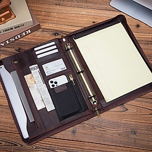 Geslun Genuine Leather Portfolio with 3 Ring Binder, Full Grain Leather Padfolio Zippered, A4 Notebook Holder Laptop Sleeve Professional Folder Organizer Gift for Men and Women, Dark Brown