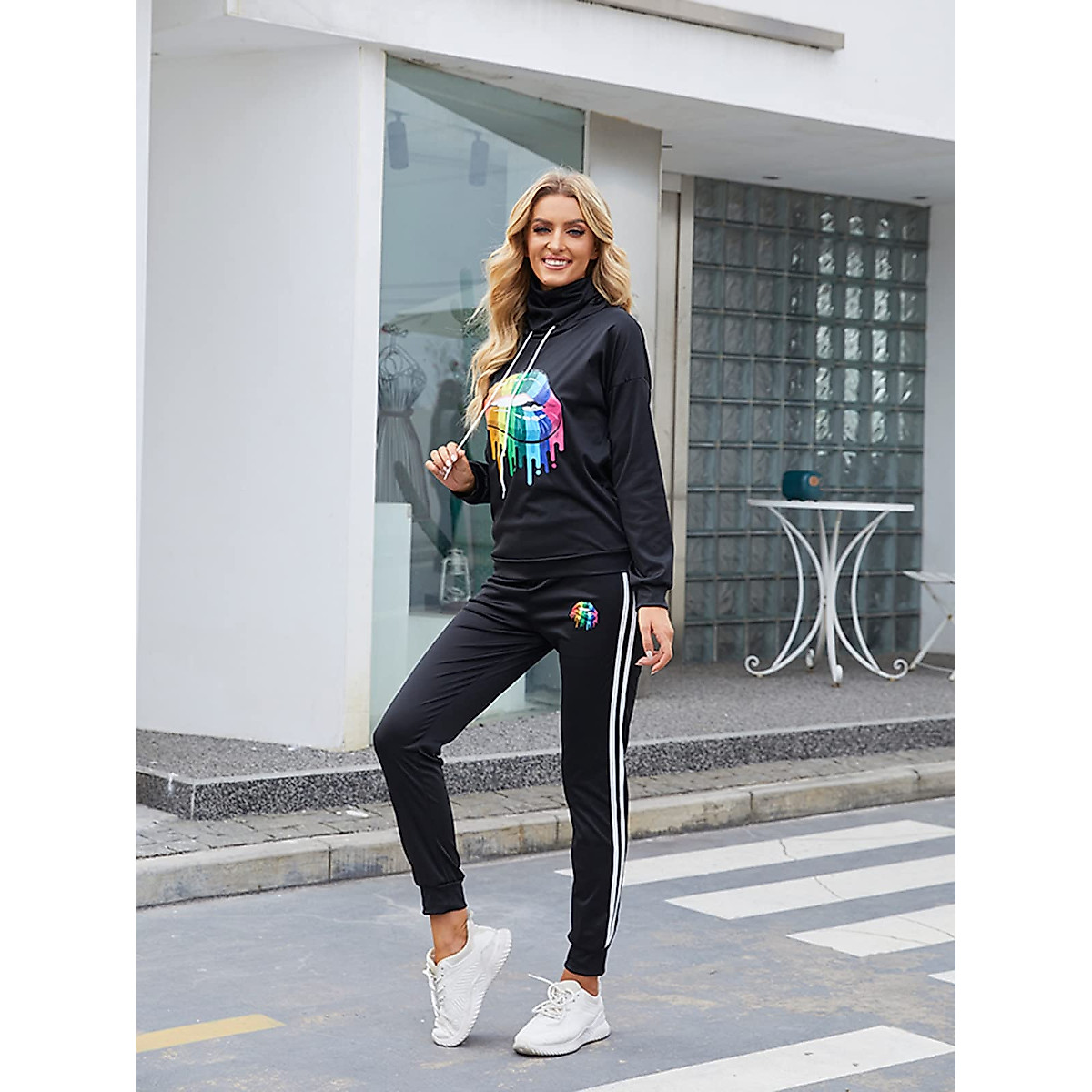 Angsuttc Womens Casual 2 Piece Outfits Lip Print Long Sleeve Pullover Sweatshirt Jogging Pants Tracksuits Set Black L