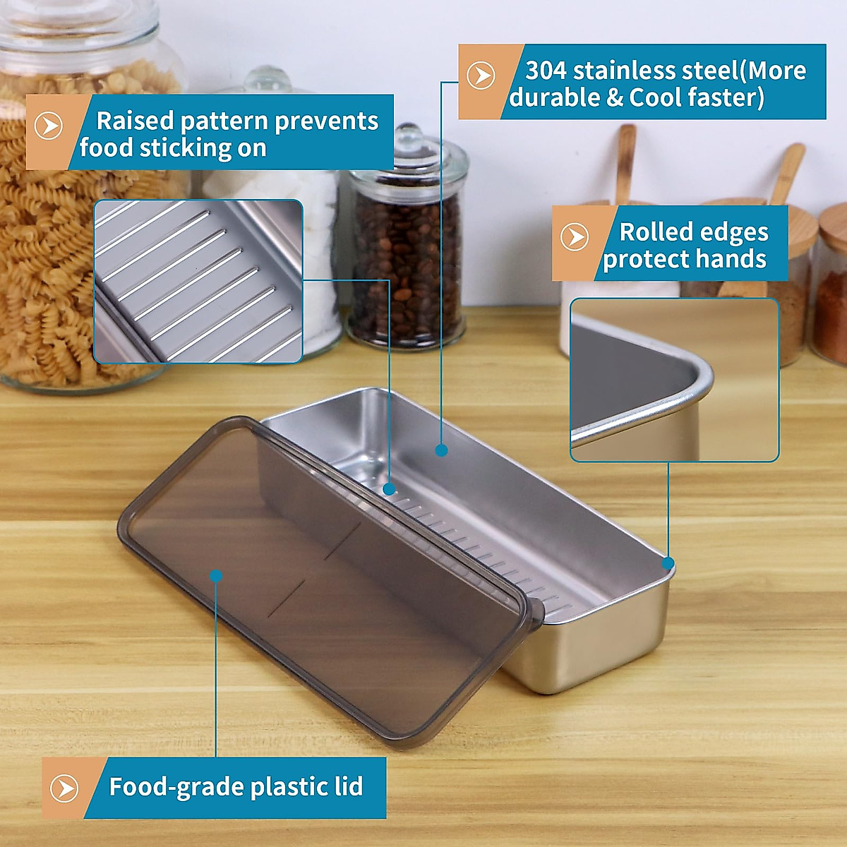 Sanbege 2 Pcs Bacon Containers with Airtight Lids, 304 Stainless Steel Deli Meat Keeper, Stackable Food Storage Boxes for Refrigerator, Saving Lunch Ham, Spaghetti, Asparagus, Celery