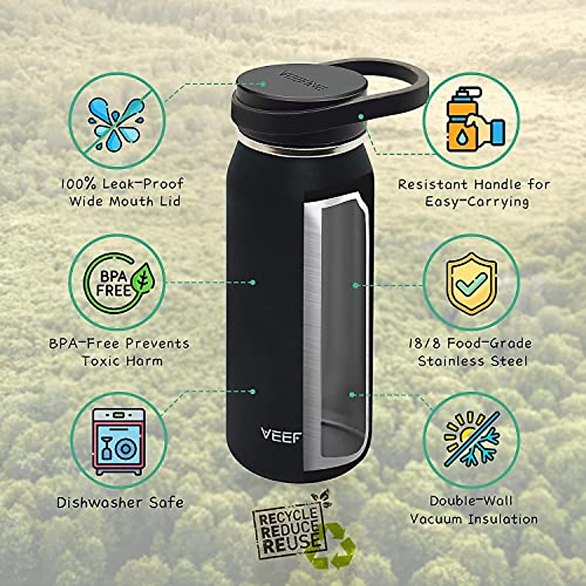 VeeFine Insulated Water Bottle Dishwasher Safe Metal Water Bottle BPA-Free Stainless Steel Water Bottles 20/32/40oz Reusable Thermos for Hiking Camping and School