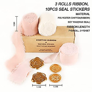 Chiffon Silk Ribbon for Gift Wrapping, Frayed Boho Ribbon for Wedding Invitation Bridal Bouquet, Pink White Cream Ribbon 3 Rolls 1.5 Inch 7 Yards, 10Pcs Wax Seal Stickers Included