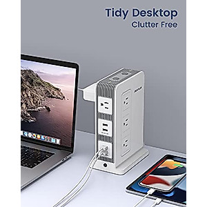 Power Strip Surge Protector Tower - JACKYLED 10 Outlet 4 USB Vertical Charging Station, 1875W 15A, 1080J with 6ft Heavy Duty Extension Cord for Multiple Devices, Home Office Dorm RV