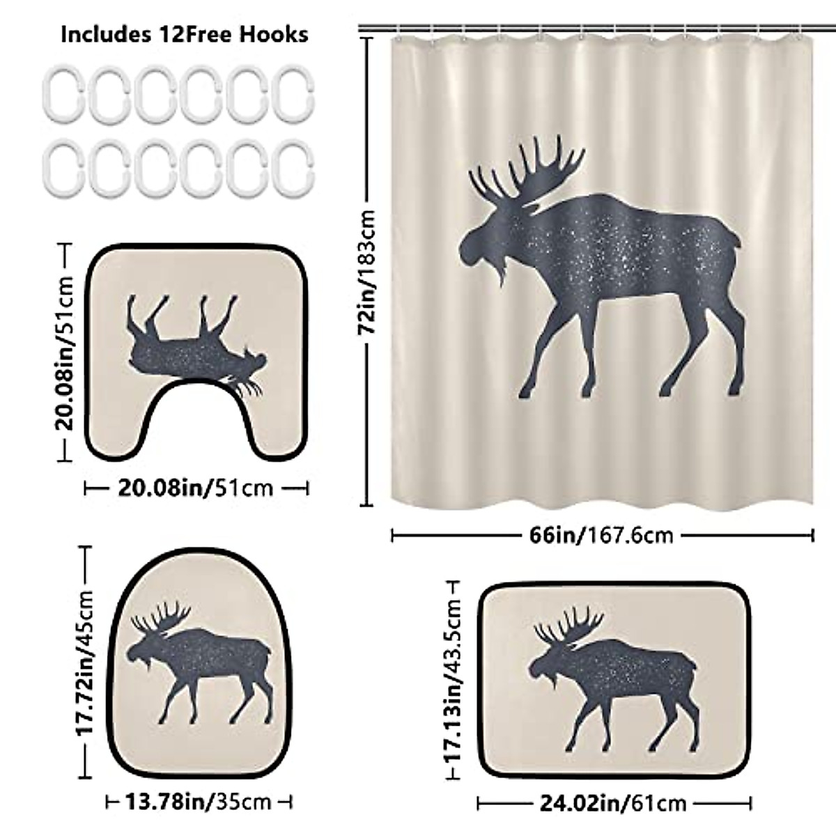 Oyihfvs Moose Wild Deer Silhouette Isolated 4 Pcs Shower Curtain with Matching Doormat Sets, Bath Curtain with Rugs(Bath Mat, U Shape Mat, Toilet Lid Cover Mat) with Hooks