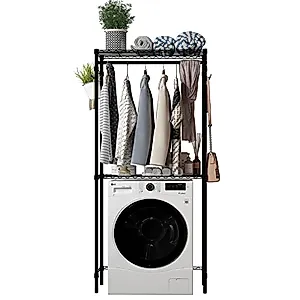 Xiofio Over The Washer and Dryer Storage Shelf 2 Tier Adjustable Height Shelving Units and Side Hook Laundry Shelves Used for Bathroom Bedroom Balcony Drying Rack Towel Rack Handbag Rack ，Black