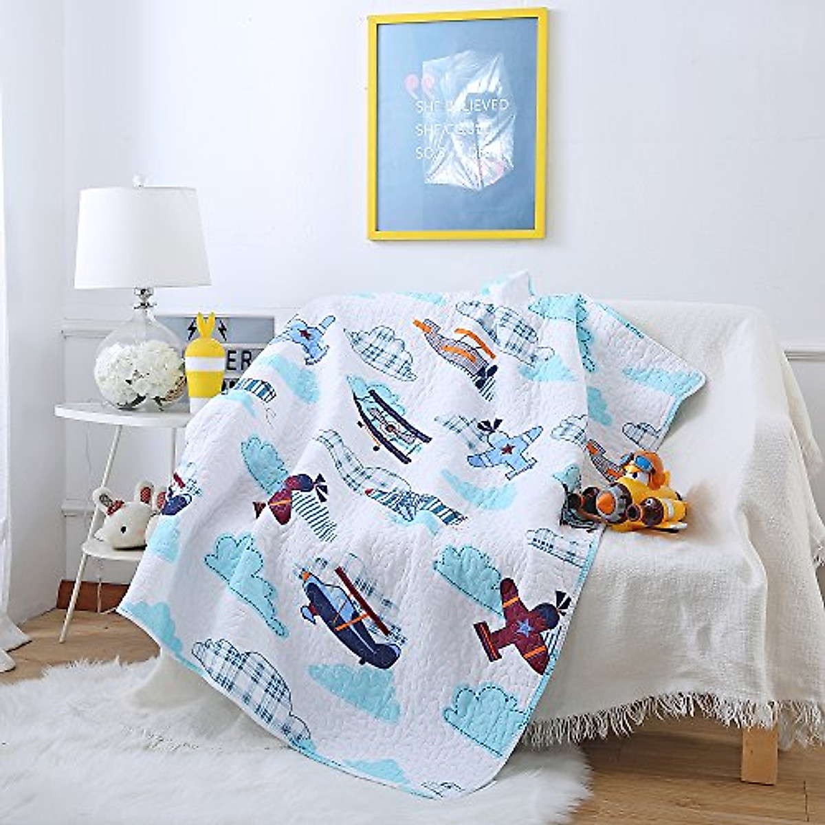 House Airplane Plane Quilt Baby and Toddler Quilt Bedspread Boys Girls Kid's Quilt 43" X 51"