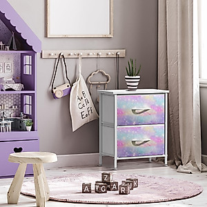 Sorbus Kids Dresser with 2 Drawers - Storage Chest Organizer Nightstand - Steel Frame, Wood Top, Tie-Dye Fabric Bins for Clothes - Wide Furniture for Bedroom, Hallway, Nursery, Closet, & Apartment