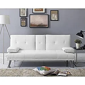 Futon Sofa Bed, Faux Leather Futon Couch with Armrest and 2 Cupholders, Pull Out Sofa Bed Couch Convertible with Metal Legs, Folding, Reclining Small Couch Bed, Futon Bed for Living Room - White