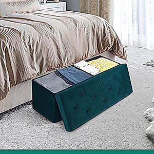 YITAHOME 43 Inches Folding 120L Storage Ottoman Bench, Velvet Footrest with 35mm high Elasticity Sponge seat and Metal Frame for Sturdiness- Holds Upto 680 Lbs (Dark Teal)