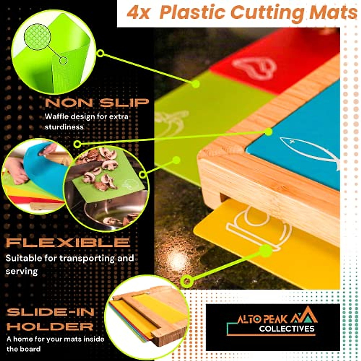 ALTO-PEAK COLLECTIVES–100%Extra-Large Bamboo Wood Prep Cutting Board for Kitchen-4 Plastic Flexi Mats–Beautiful Wooden Charcuterie boards w/handles & 3 deep-compartments-Chopping Board-cell/iPad stand