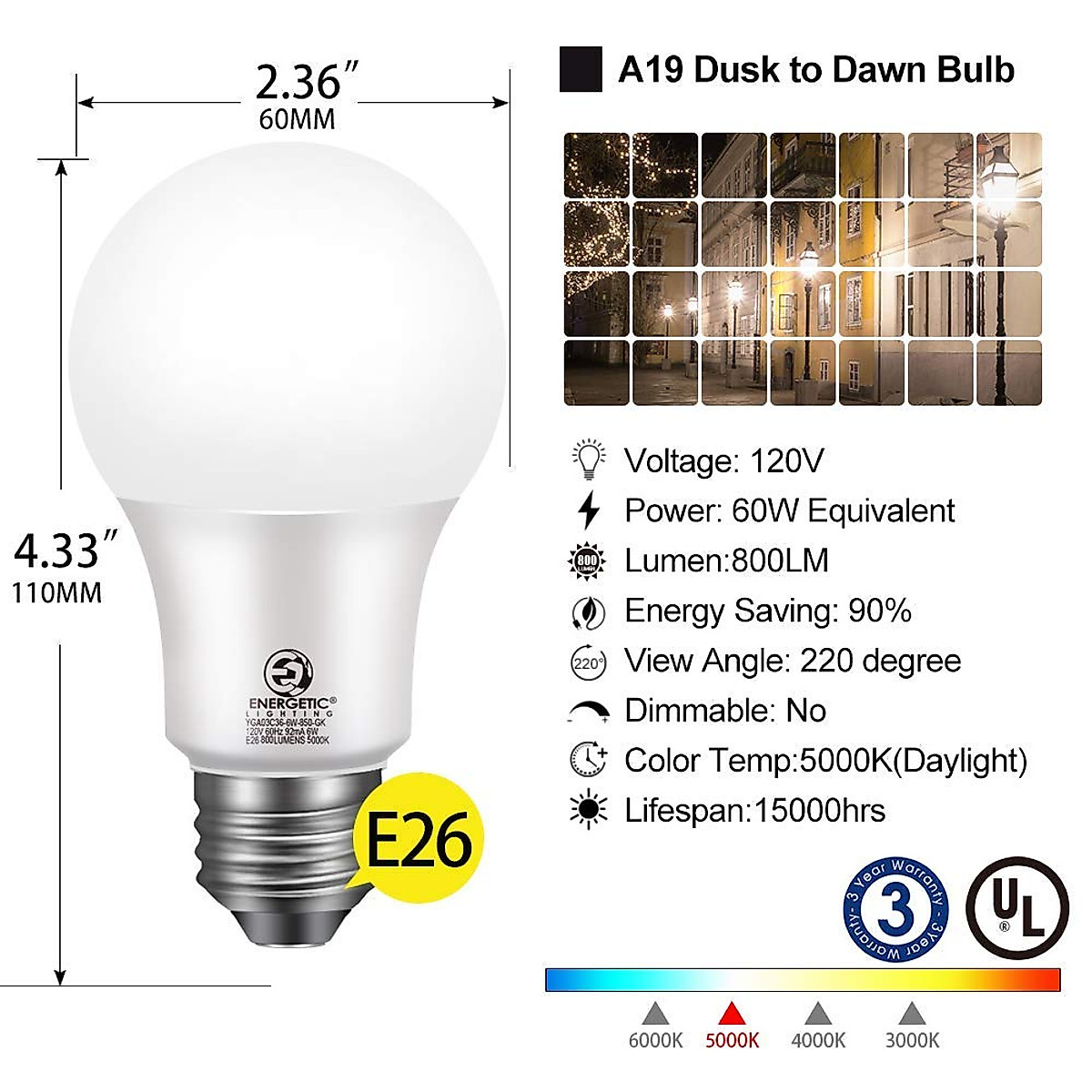 Energetic 4-Pack Dusk to Dawn LED Outdoor Light Bulb, 60 Watt Equivalent(6W), 800LM, Daylight 5000K, E26 Base, Automatic On/Off Sensor Light Bulb for Porch, Hallway, Garage, UL Listed