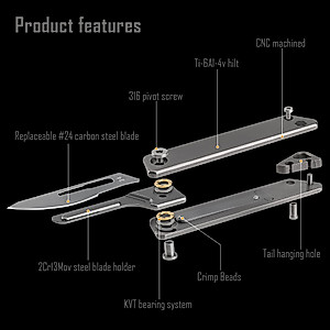KeyUnity KK02 Titanium Flipper Pocket Knife, Quick Open Keychain Folding Knife with #24 Replaceable Blades for Everyday Carry (Sandblasted)