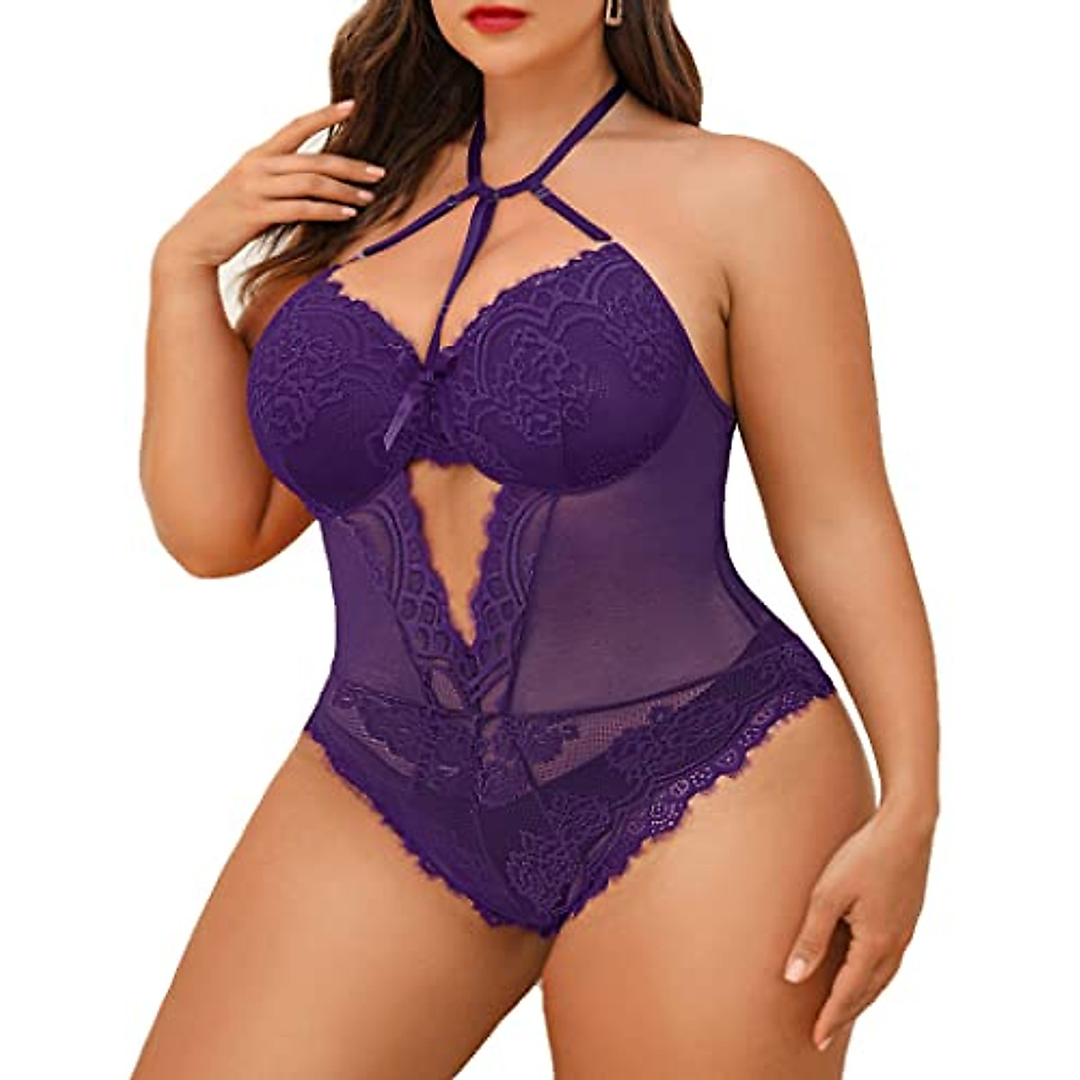 Avidlove Plus Size Lingerie for Women Purple Teddy Lingerie Lace Bodysuit Babydoll