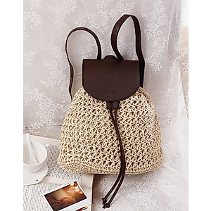 TONWHAR® Paper String Woven Purse Straw Backpack for Beach (Beige)