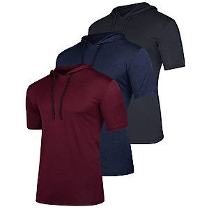3 Pack: Mens Dry Fit Moisture Wicking Short Sleeve Active Athletic Hoodie Pullover Sweatshirt Workout Running Fitness Gym Sports Casual Tee Outdoor Summer Hiking Beach Outfit- Set 1, M