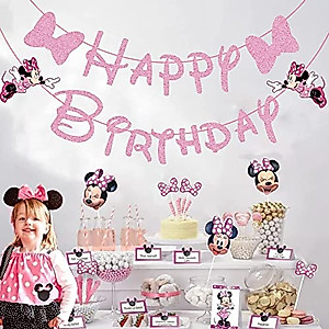 GOGOPARTY Pink Mouse Happy Birthday Banner, Mouse Decoration Pink Themed Birthday Banner For Girl Kids Birthday Party Baby Shower Decorations