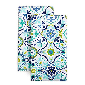 Fiesta Worn Tiles Kitchen Towels Set, Cotton, Multicolor/Blue/Yellow/Aqua, 2 Piece