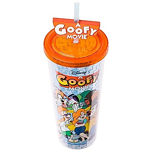 Silver Buffalo Disney A Goofy Movie Featuring Goofy, Max Goof, Roxanne and Bobby Zimuruski Plastic Cold Cup with Lid and Straw Topper, 24 Ounces
