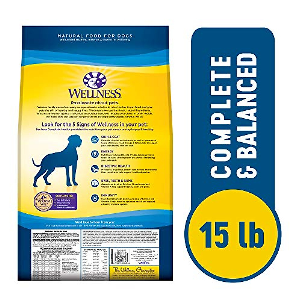 Wellness Complete Health Large Breed Dry Dog Food with Grains, Natural Ingredients, Made in USA with Real Meat (Adult, Chicken & Rice, 15-Pound Bag)