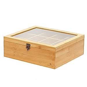 RoyalHouse Big Natural Bamboo Tea Storage Organizer with Clear Acrylic Top Window, 12 Compartments Eco-Friendly Tea Bag Holder, Multi-Functional Storage Box