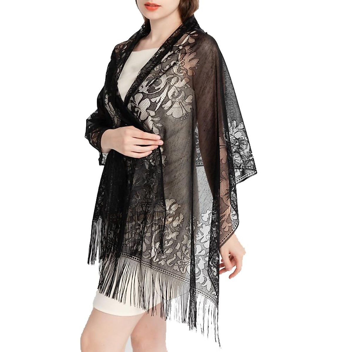 Ladiery Women's Floral Lace Scarf Shawl with Tassels, Soft Mesh Fringe Wraps for Wedding Evening Party Dresses