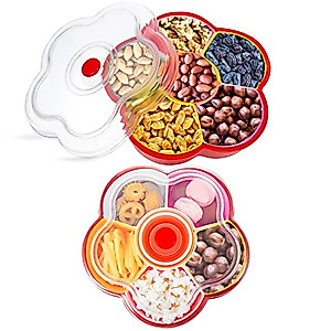 2 Pcs Flower Shaped Snack Tray Fruit Bowl Divided Serving Container 6 Compartment Fruit Tray Nut Candy Veggie Tray with Lid Fruit Platter Plastic Appetizer Tray Fruit Plate Organizer for Party Supply