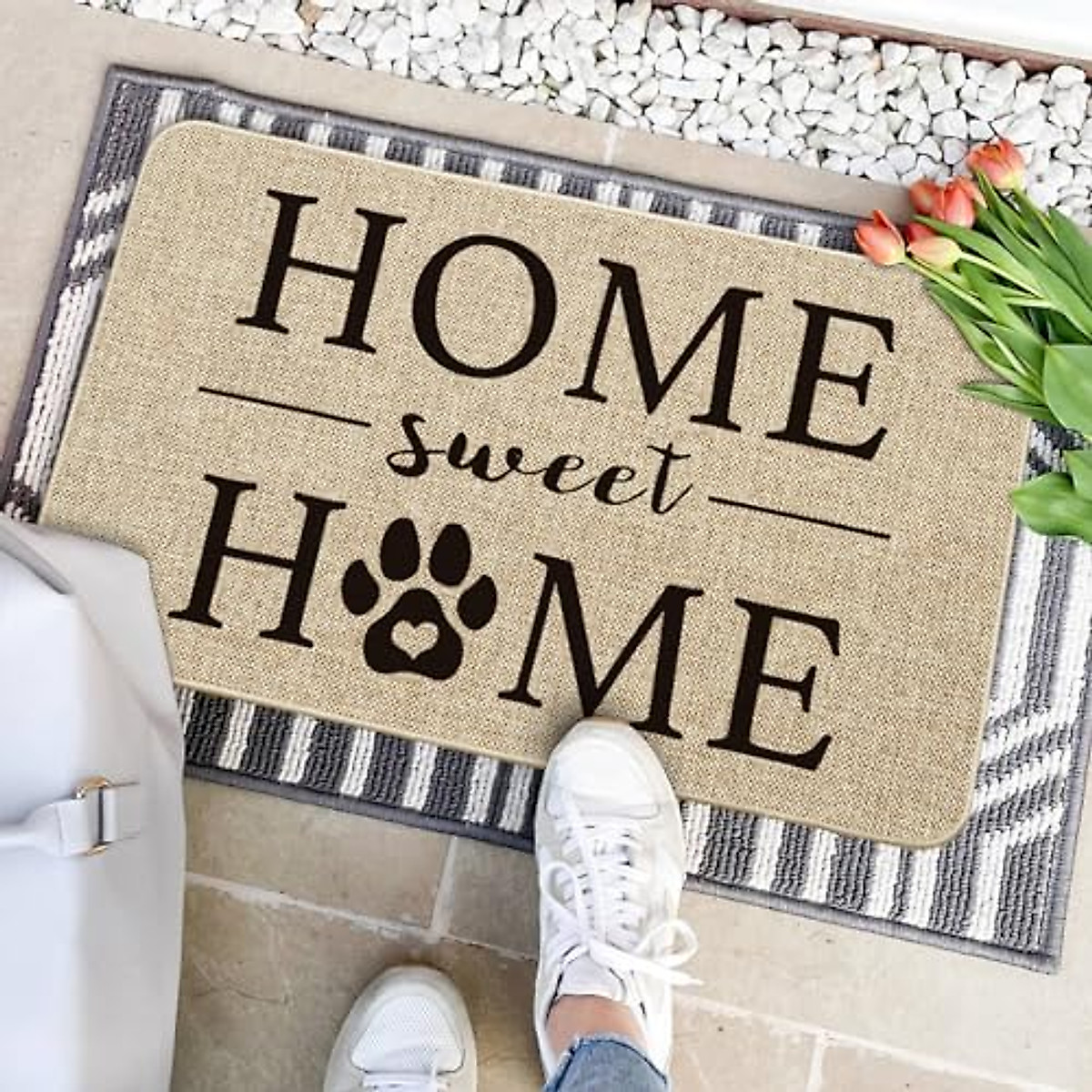 Artoid Mode Home Sweet Home Cute Dog Paw Footprints Plum Print Decorative Doormat, Pet Dog Cat Low-Profile Floor Mat Switch Mat for Indoor Outdoor 17 x 29 Inch