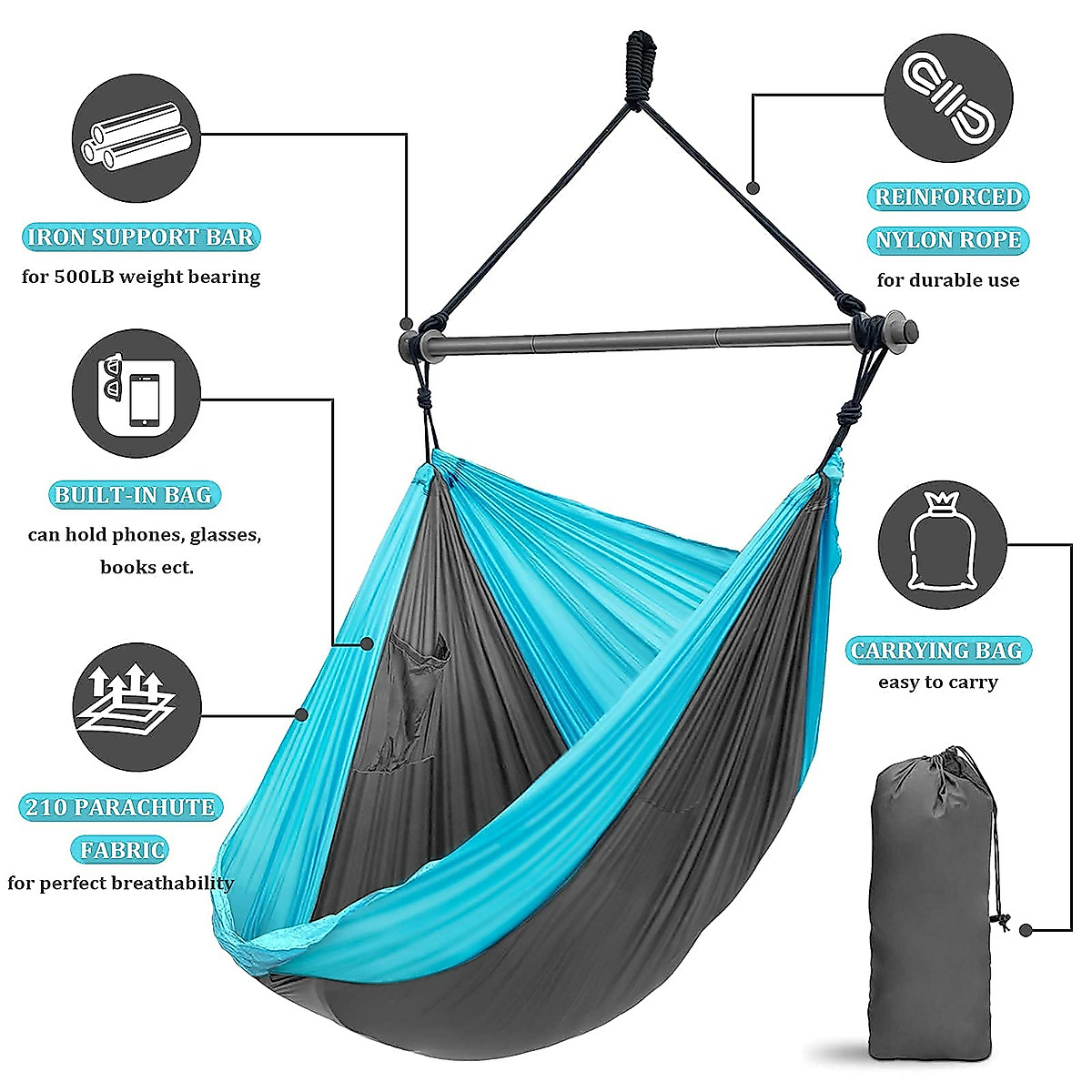 Hammock Chair, Portable Large Hanging Rope Swing - Lightweight Nylon Parachute -Max 500 Lbs - Detachable Metal Support Bar Hammock Chair Swing for Outdoor, Indoor, Camping, Beach (Grey & Sky Blue)